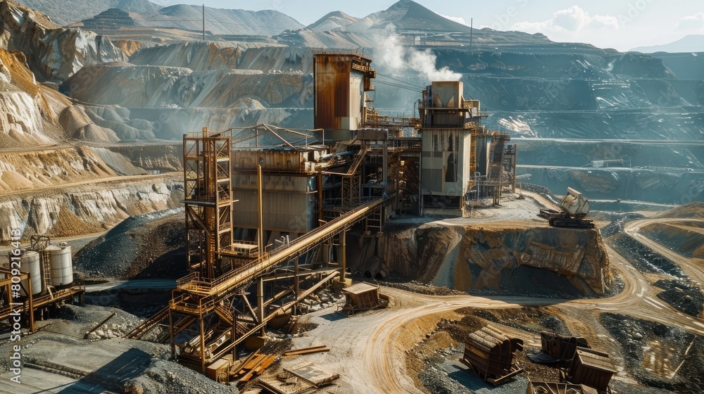 An industrial scene depicting the operational facilities at a phosphate ...