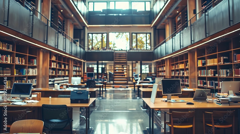 A well-equipped workplace situated in the modern library of a college ...