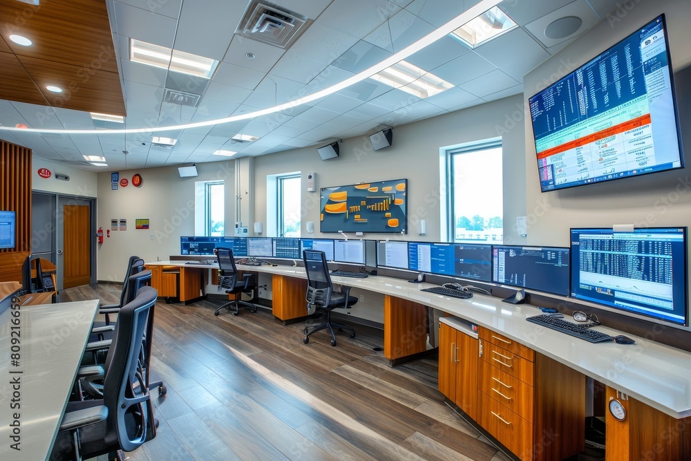 High-Tech Operations Room With Multiple Monitors and Desks, A cutting ...