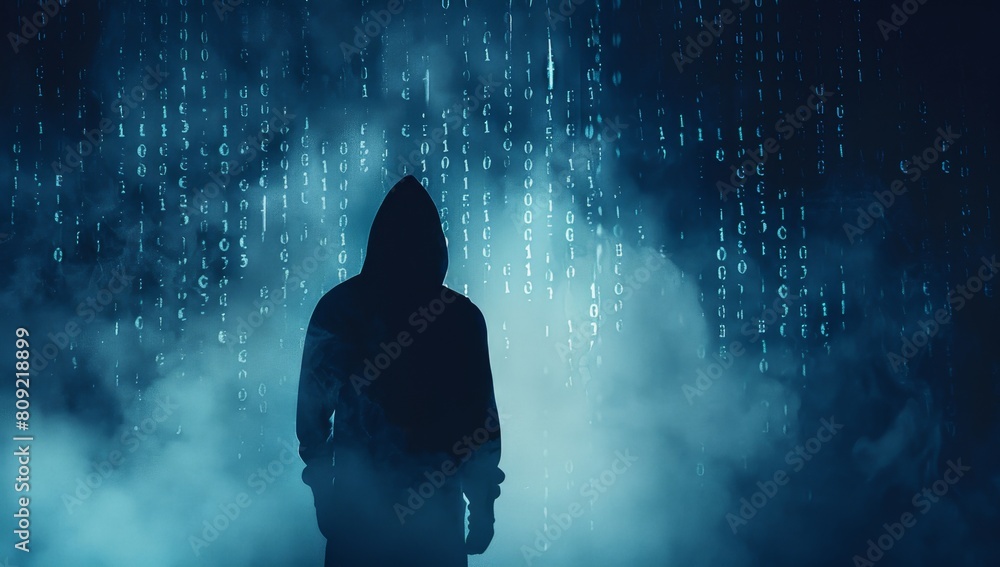 Silhouette of hacker in a hood against a binary code background, depicting a digital data ...