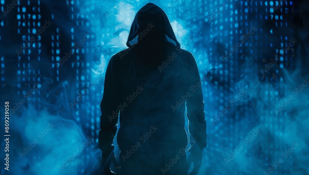 Silhouette of hacker in hood against binary code background, cyber attack concept Silhouetted ...