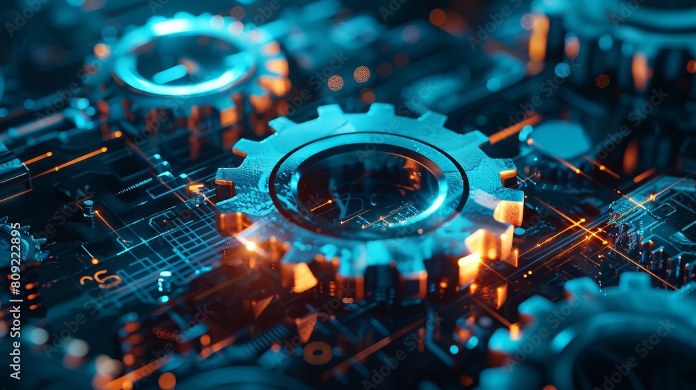 Cogs and gear wheel mechanisms symbolize hi-tech digital technology and ...