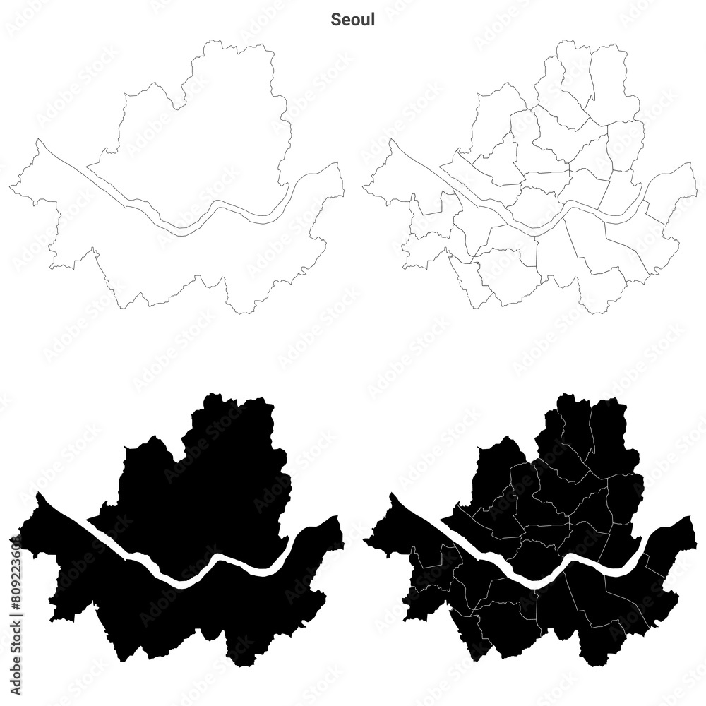 set of 2 political maps of Seoul City, South Korea with regions ...