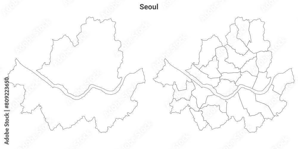 set of 2 political maps of Seoul City, South Korea with regions ...