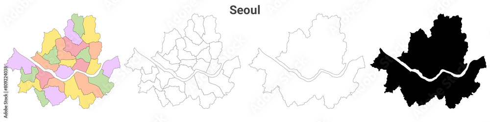 set of 2 political maps of Seoul City, South Korea with regions ...