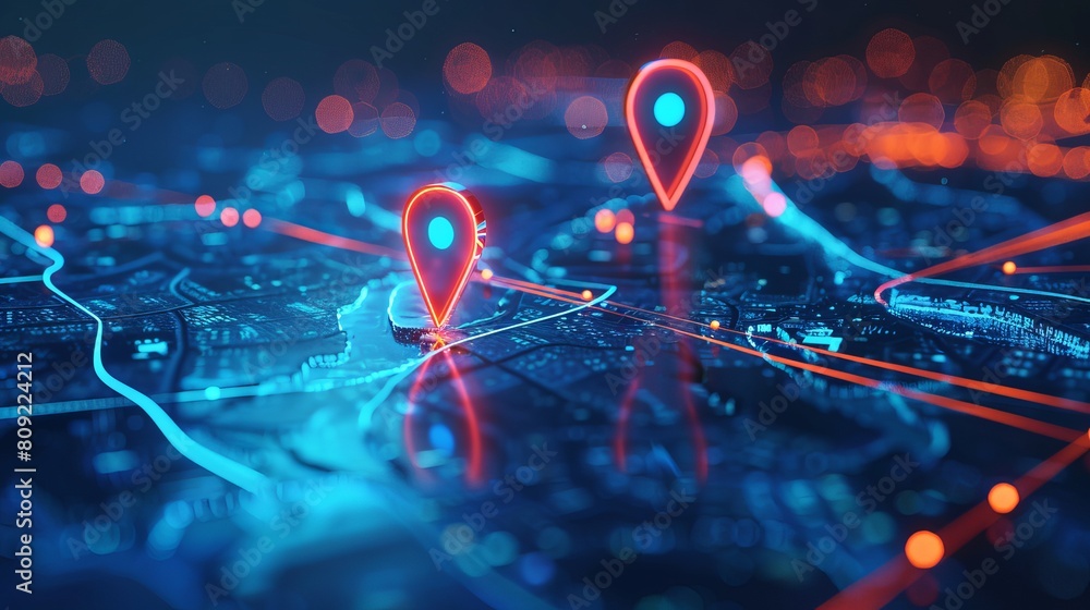 Digital illustration showing a hand setting a location on a map with ...