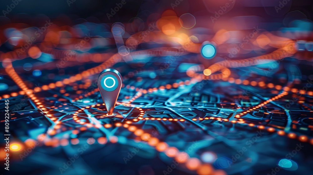 Digital illustration showing a hand setting a location on a map with ...