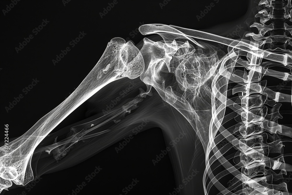 X-ray image showing the intricate structure of the shoulder area in a ...