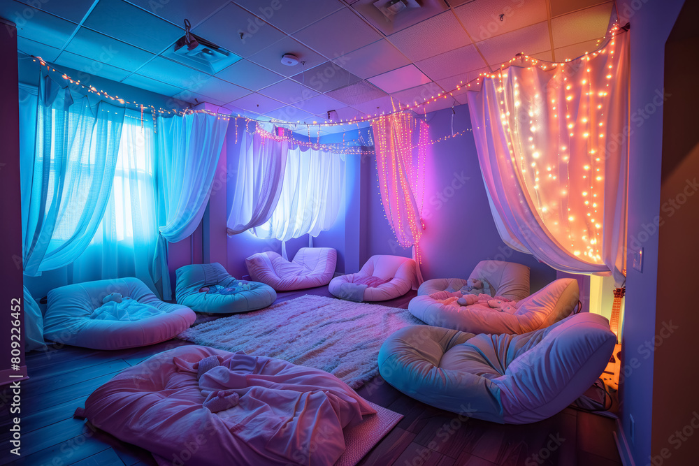 Relaxing Sensory Room with Soft Lighting and Calming Colors for Autism ...