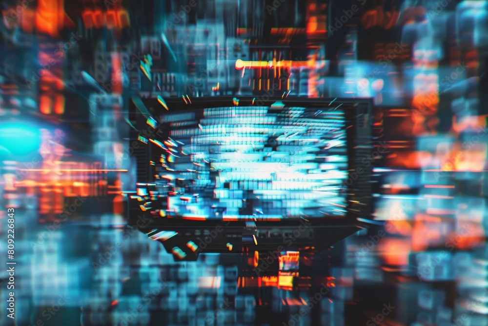 Television screen showing a multitude of distorted and unclear images ...