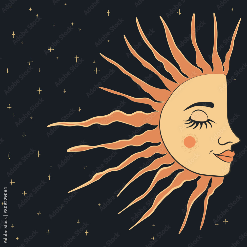 A vector illustration depicting ancient folk representations of the sun ...