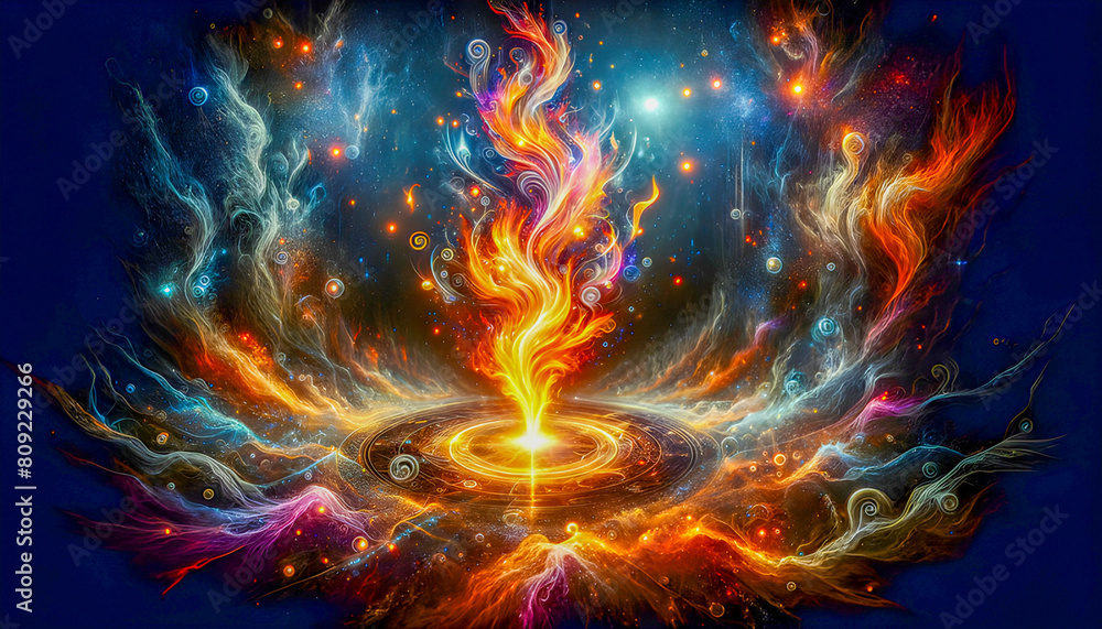 A magical mystic casts spells, surrounded by glowing symbols and ...