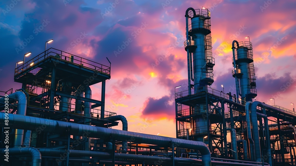 Industrial refinery silhouette against a vibrant sunset sky. Modern ...