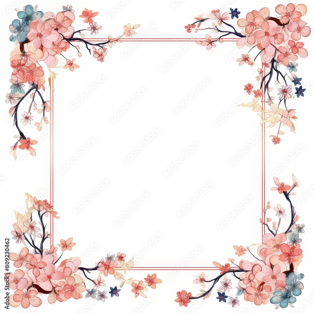 Elegant floral frame with beautiful pink and blue flower clusters and ...