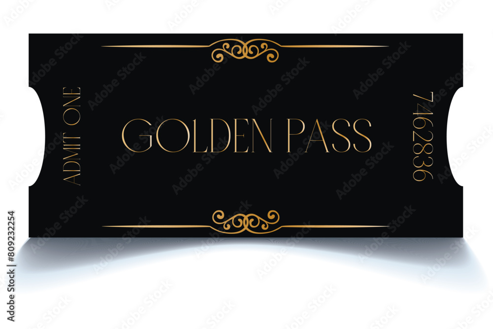 Realistic golden show ticket. Old premium cinema entrance tickets. Gold ...