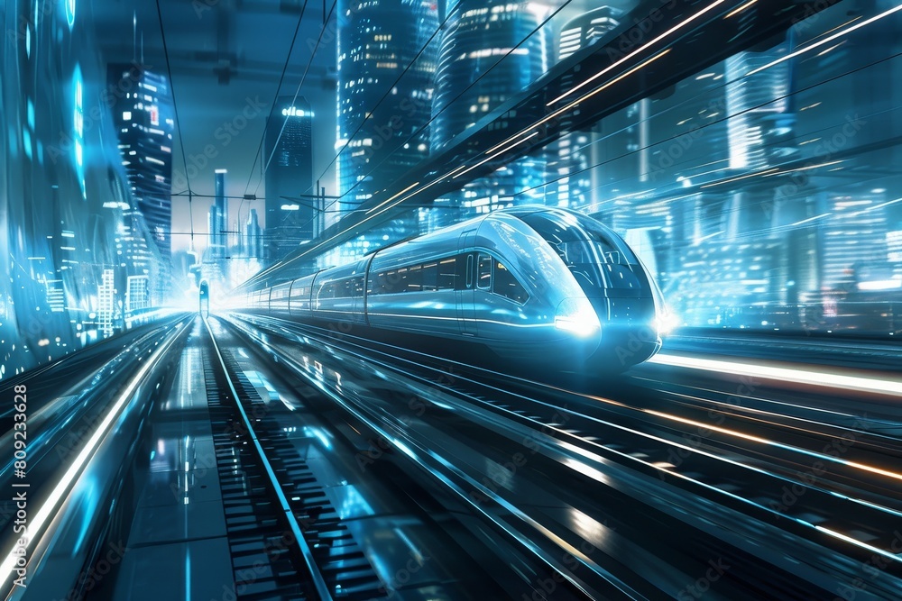 A maglev train speeds through a city at night, illuminated by city ...