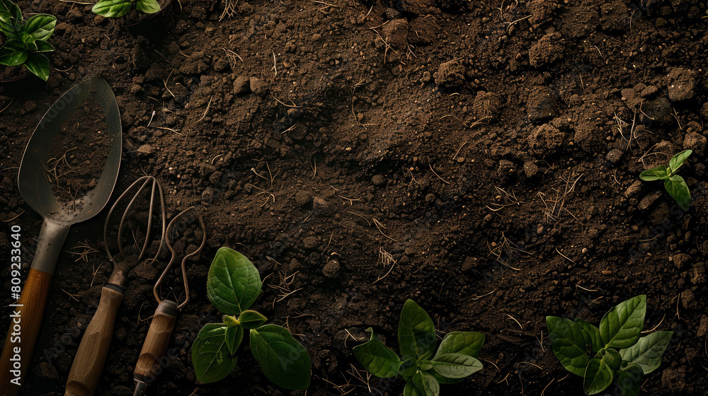 Top view of garden tools and seedlings on rich soil background, banner ...