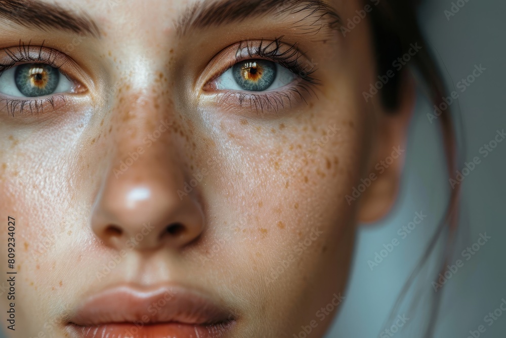 Detailed view of a womans face showing prominent freckles, A face that ...