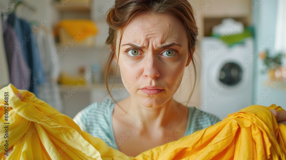Portrait a housewife holding dirty and bad smell laundry clothes in ...