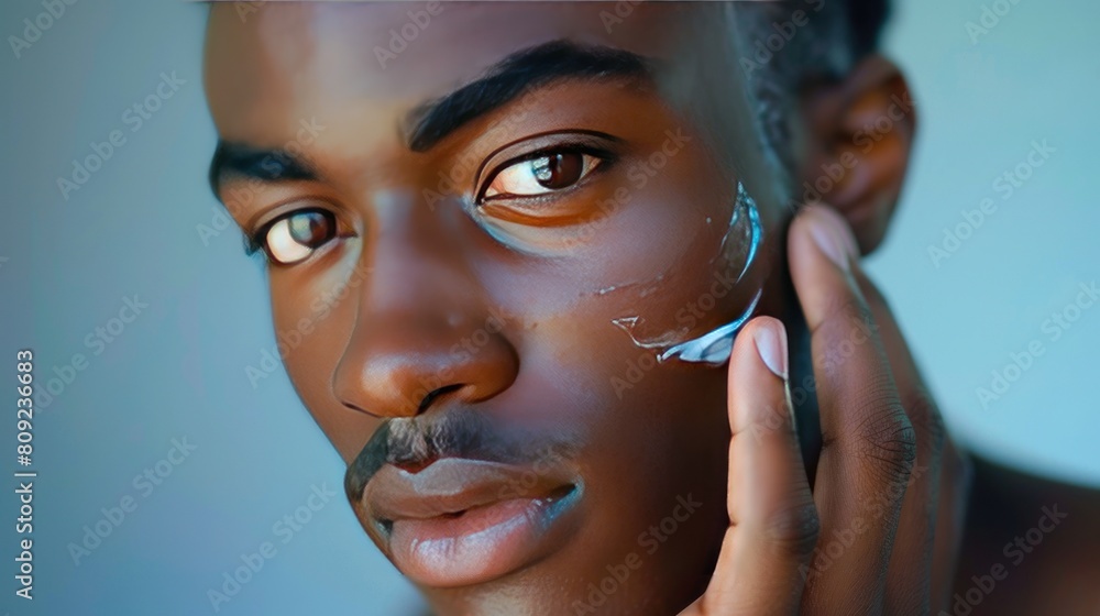 Closeup a confident young black man afro model applying beauty skin serum on his face. Generated ...