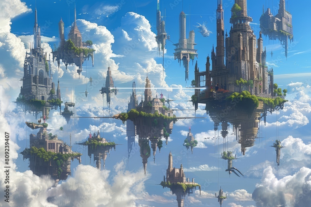 Numerous buildings float in the sky, creating a surreal city skyline ...
