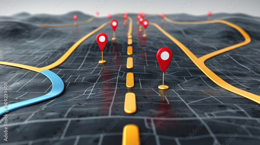 Navigating the Journey: Road Map with Red Location Pins Stock ...