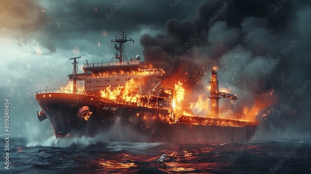 Burning Cargo Ship at Sea - Fire and Smoke on Logistic Vessel Stock ...