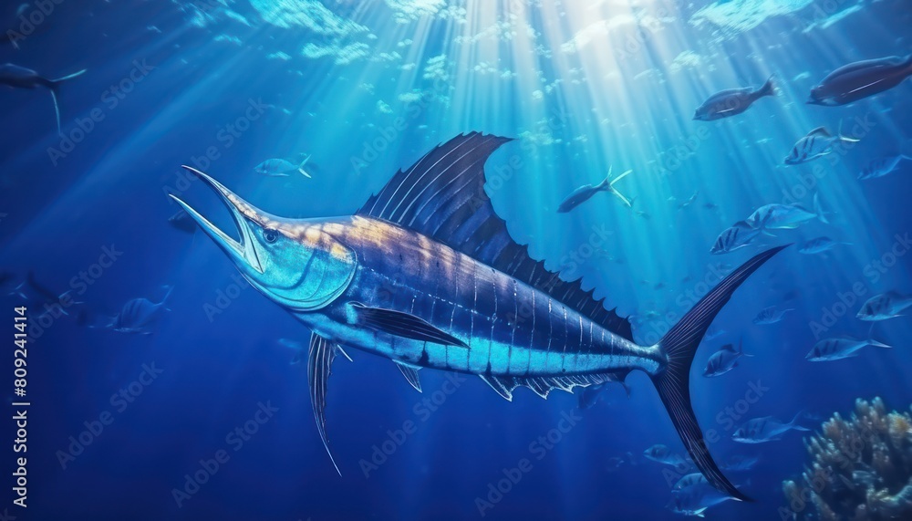 Foto de Ikan marlin besar di lautan biru, pemandangan hewan lautan yang ...