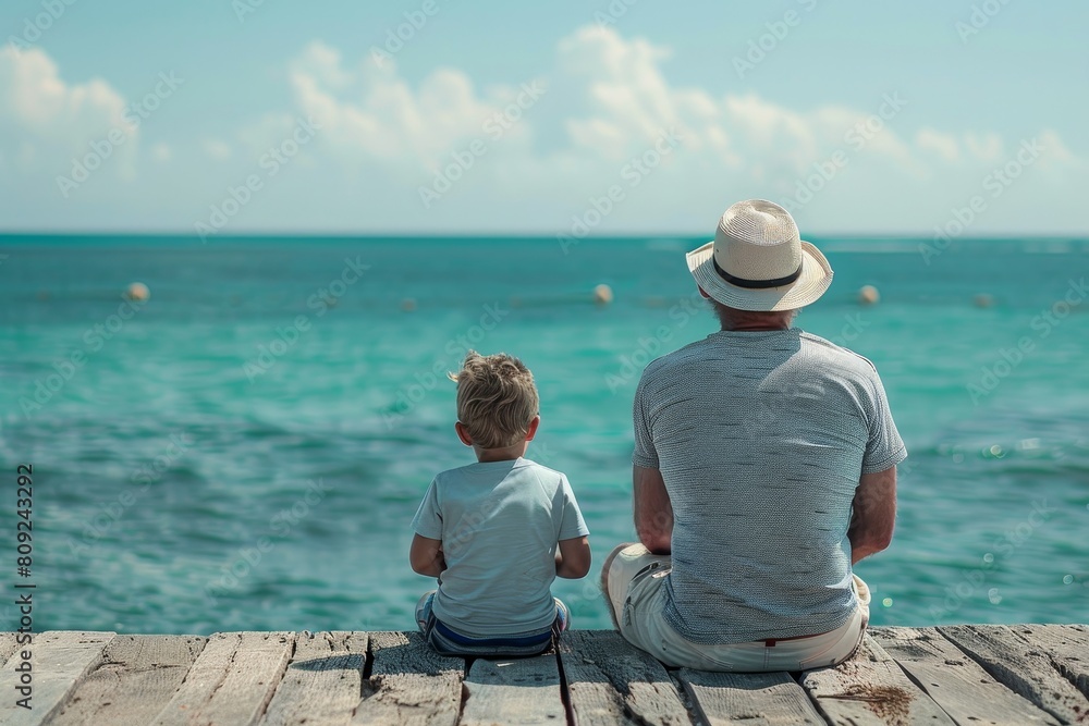 Father and son sitting on dock, looking out at ocean, A father and son ...