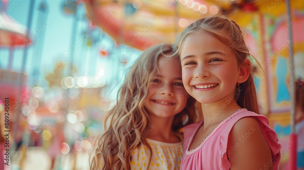Smiling Girls Posing in Front of the Colorful Fairground Carousel ...