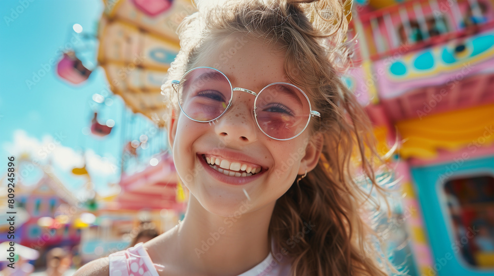 Smiling Girl in Pink Sunglasses Posing in Front of the Colorful ...