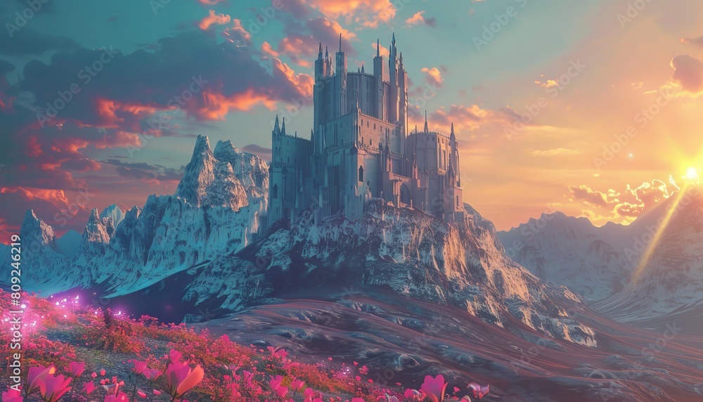 digital glowing medieval castle in the mountains of 3d triangular ...