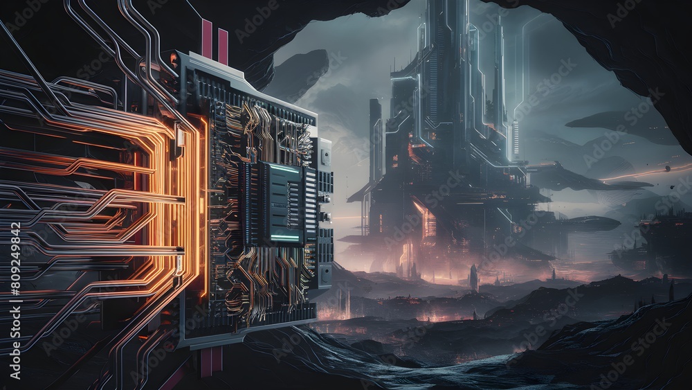 Sci-fi technology background, circuit board glowing wires and advanced ...