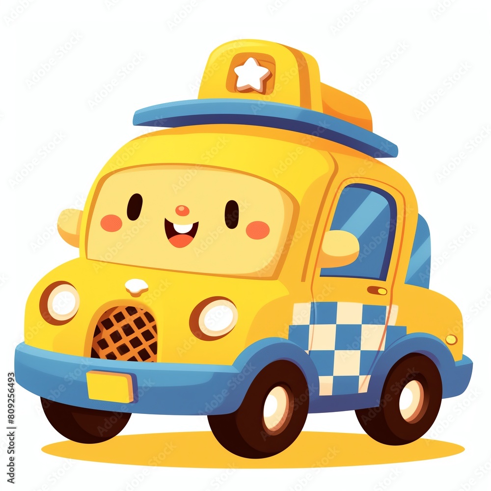 A delightful cartoon illustration of a yellow police car with a ...