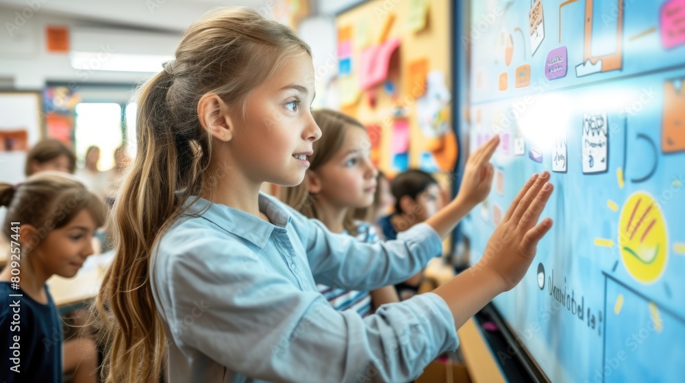 Smart teacher pointing at digital whiteboard while standing at ...