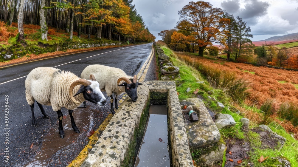 a group of Shetland sheep gathered around an iron water trough in the ...