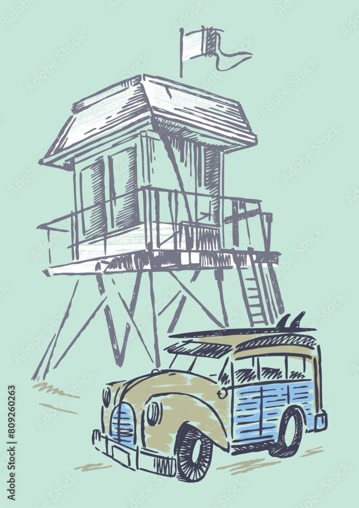 Drawing in simple lines of a lifeguard tower and an old surfer's car ...