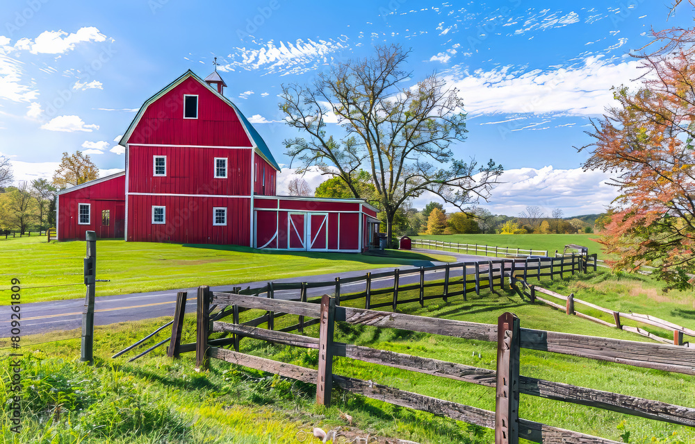 Bright red barn and split rail fence on farm. A red barn and white silo ...