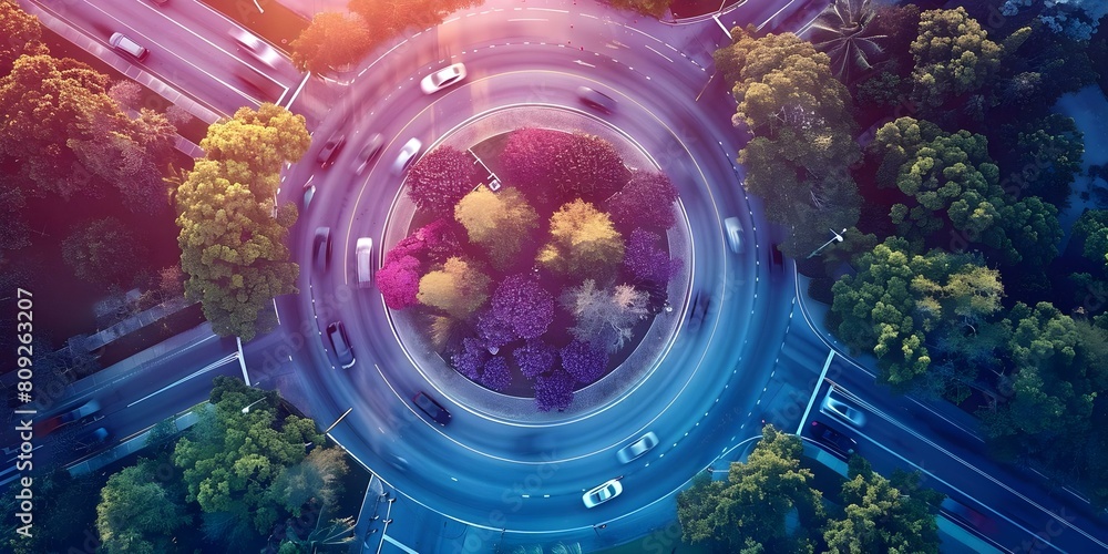 Aerial perspective of traffic flow at a roundabout in a suburban area ...