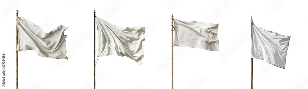 Set of white blank medieval and contemporary empty white flags blowing ...