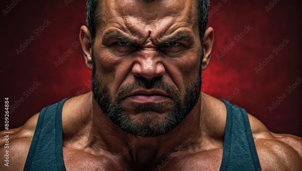 Angry strong man face portrait, studio red background. Bodybuilder look ...