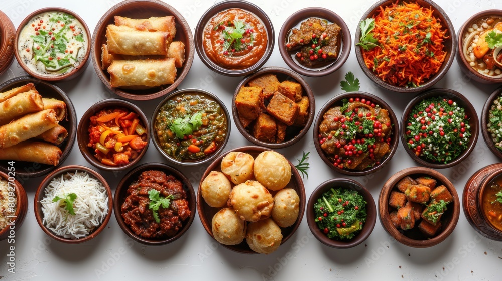 Indian food, isolated on white background. curry, samosa, bread roll ...
