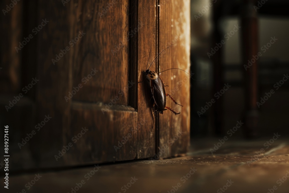 A single cockroach endeavors to climb a vertical wooden door surface in ...
