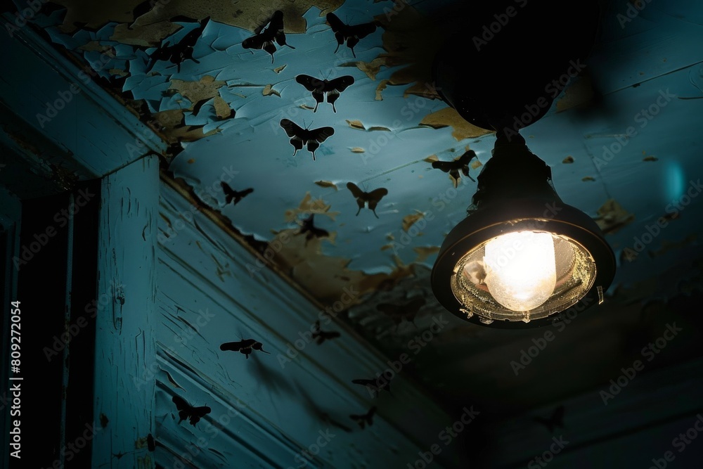 An ominous scene with fluttering moths around a single lit bulb ...
