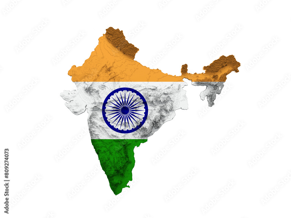 India map with the flag Colors White Green and Orange Shaded relief map ...
