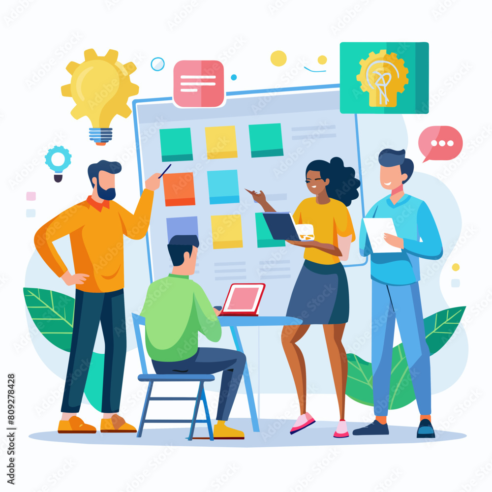 Innovation and Creativity: Group brainstorming in front of a giant ...