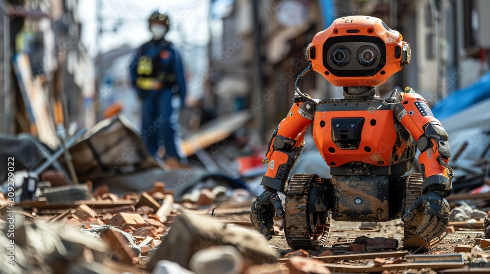 Foto de Rescue Robot Compact rescue robot navigating debris in disaster zones, equipped with ...