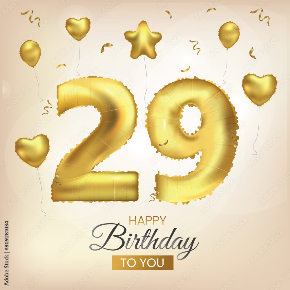 Happy 29th birthday gold foil balloon greeting background. 29 years ...