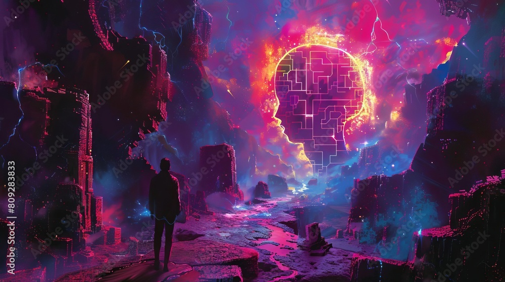 A digital painting of a neurologist navigating a labyrinthine brain ...