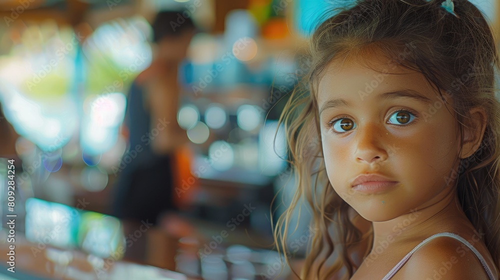 A child with a joyful facial expression sits at a table in a restaurant ...